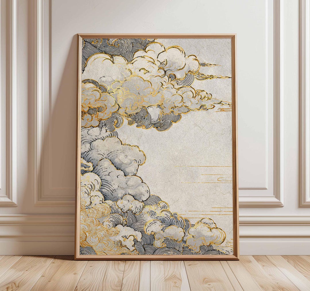 Japanese Cloud Poster, Gold and Grey Art Print, Traditional Woodblock ...