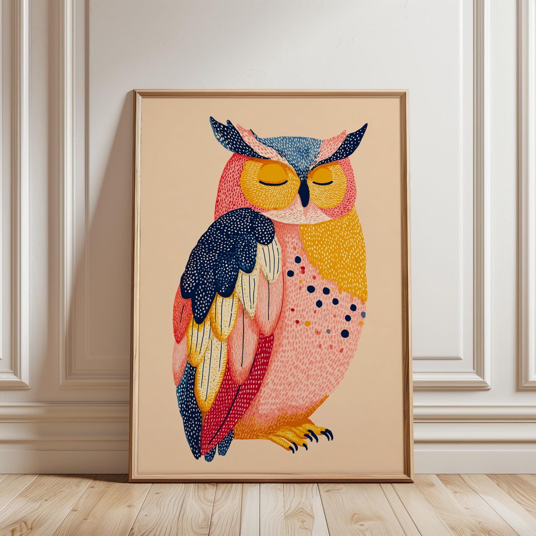 Colourful Owl Poster, Modern Folk Illustration in Pink Yellow and Navy ...