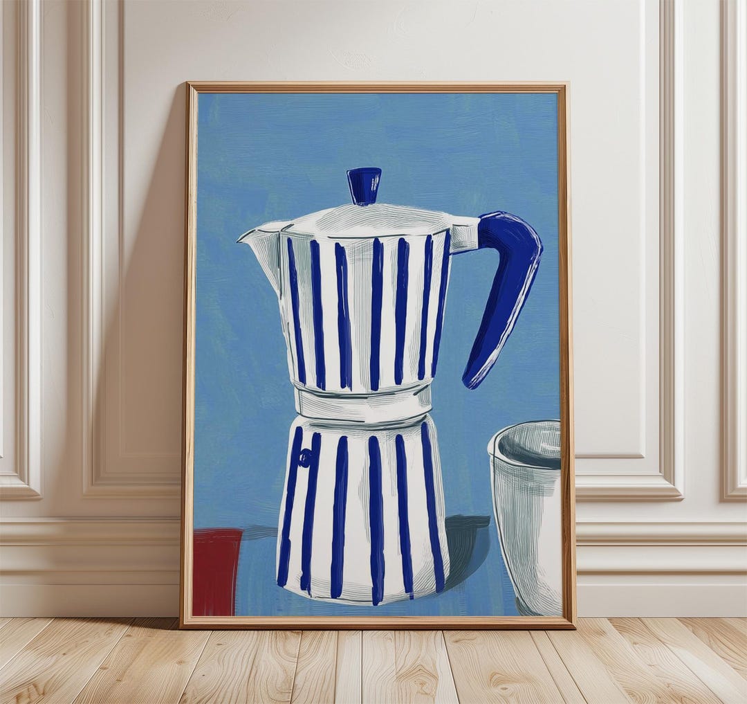 Blue Coffee Maker Poster, Modern Moka Pot Wall Art Print, Minimalist ...