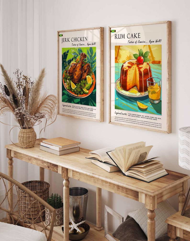 Jamaican Food Art Print Set, Jerk Chicken, Rum Cake, Kitchen Decor - Etsy