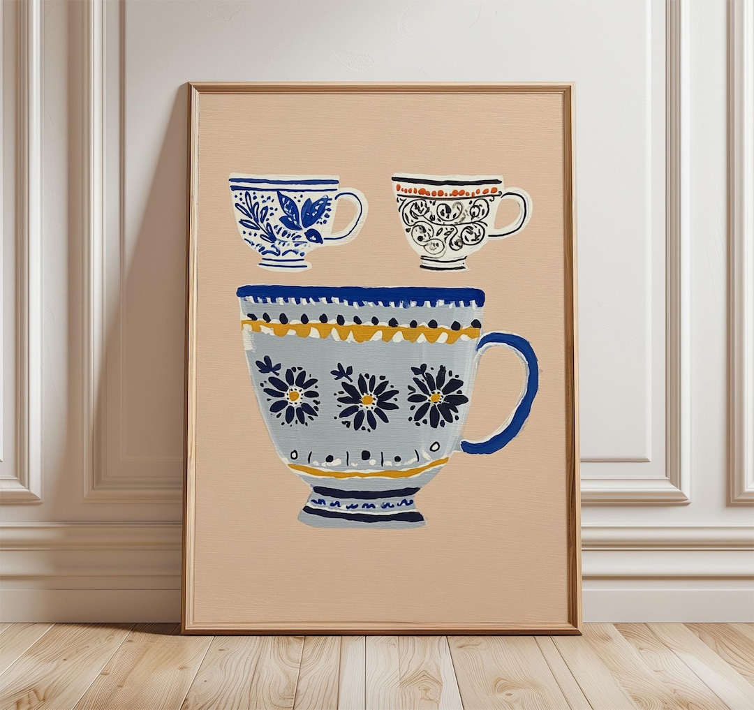 Blue Floral Teacup Poster, Vintage Kitchen Wall Art - Etsy