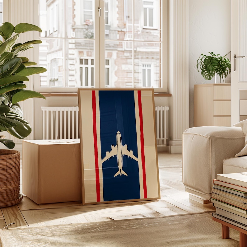 Navy Red Aviation Poster | Top Down Airplane Illustration | Modern ...