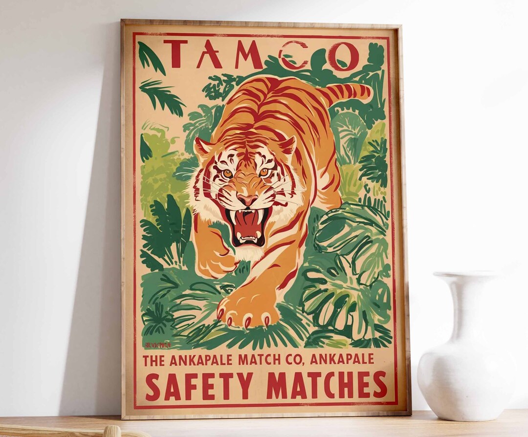 Vintage Tiger Print, Indian Tiger Poster, Matchbox Art, Animal Print ...