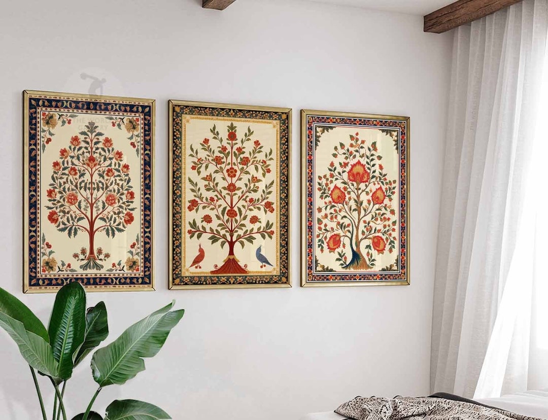 Indian Floral Set of 3 Prints, Indian Decor, Floral Wall Art ...