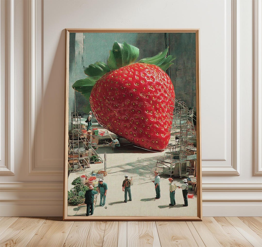 Surreal Strawberry Art Print, Modern Collage Wall Art With Tiny People ...