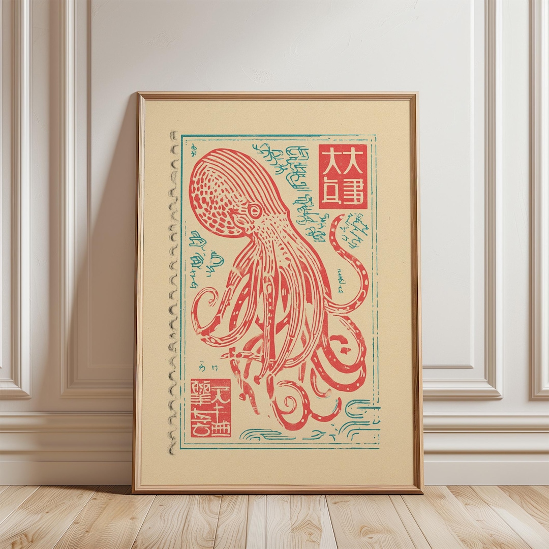 Red Octopus Poster | Japanese Folk Linocut Illustration | Marine Wall ...