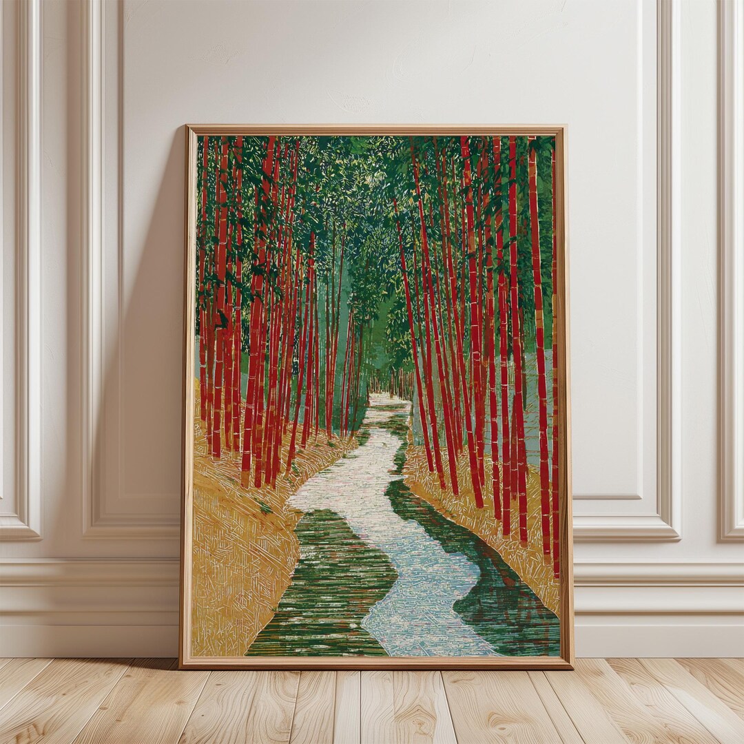 Red Bamboo Forest River Poster | Japanese Woodblock Nature Art | Green Gold Landscape Print - Etsy