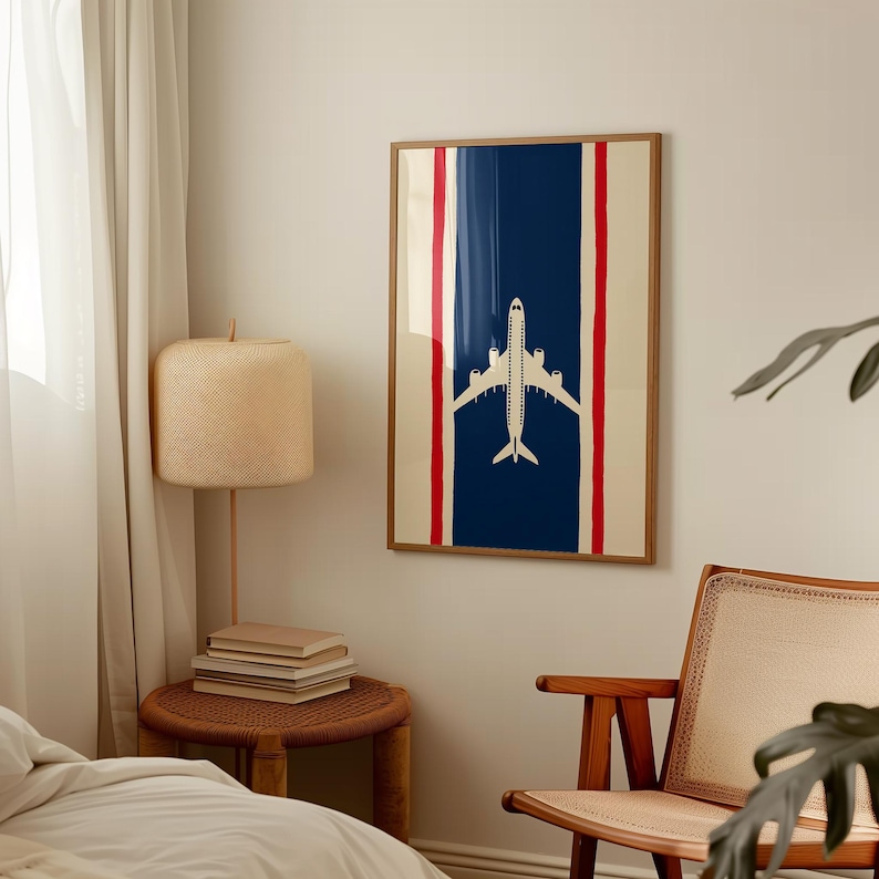 Navy Red Aviation Poster | Top Down Airplane Illustration | Modern ...