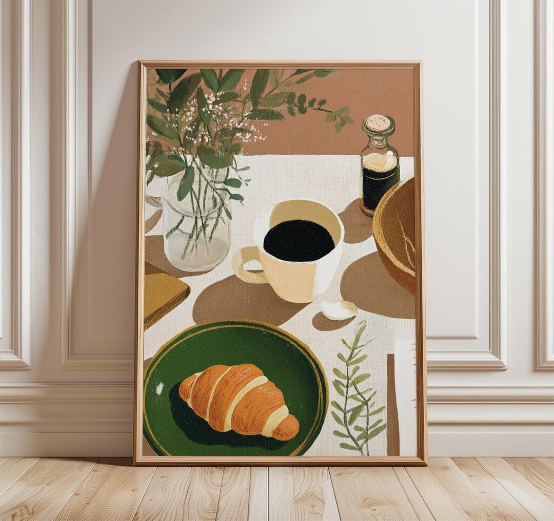 French Breakfast Wall Art, Croissant and Coffee Poster, Minimal Still ...