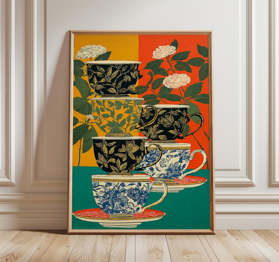 Stacked Vintage Tea Cup Poster, Elegant Still Life Art Print, Classic ...