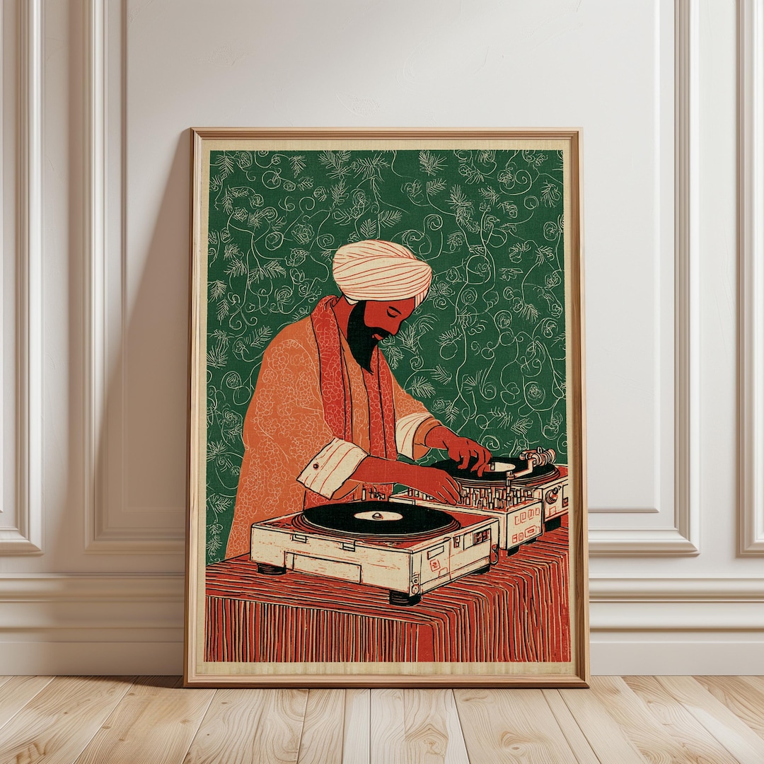 Sikh DJ Woodcut-style Poster Woodcut Style Red Green Illustration - Etsy