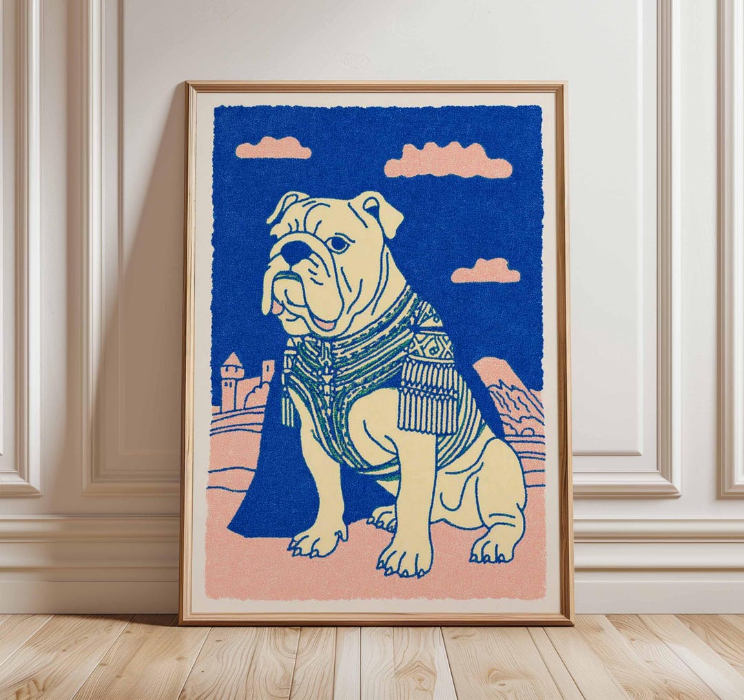 Medieval Bulldog Wall Art Print – Bold Blue and Pink Dog Illustration ...