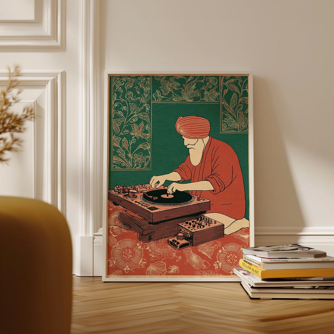Sikh DJ Woodcut-style Poster Woodcut Style Red Green Illustration - Etsy