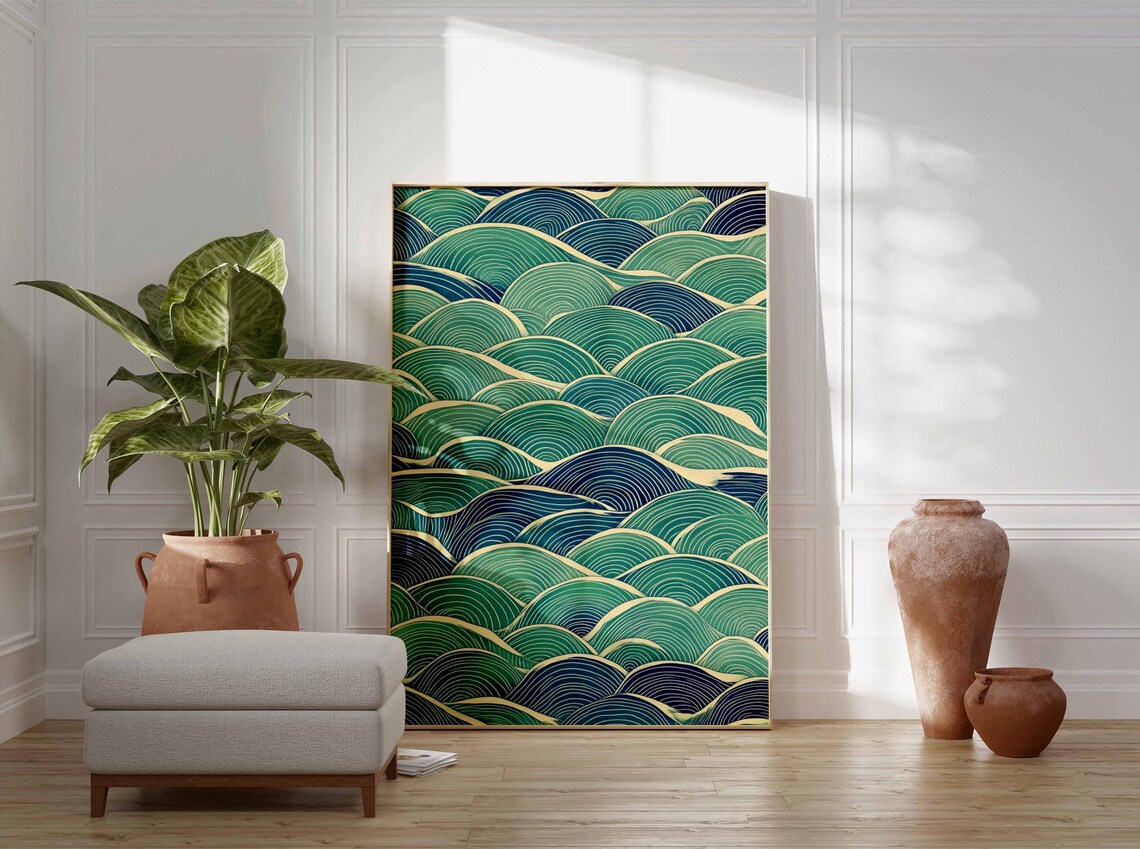 Green Japanese Wave Art Print, Coastal Home Decor - Etsy