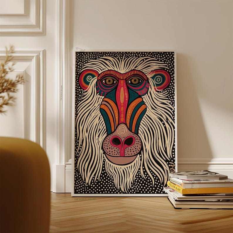 Mandrill Wall Art, Psychedelic Monkey Print, Tribal Animal Paper Decor ...