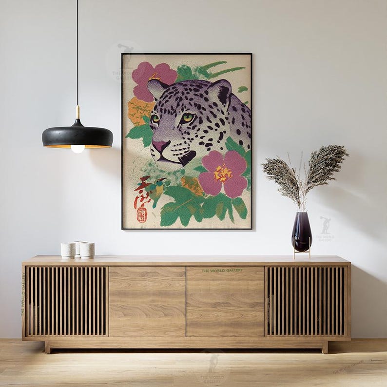 Leopard Floral Folk Art Poster | Japanese Inspired Botanical Wall Art ...