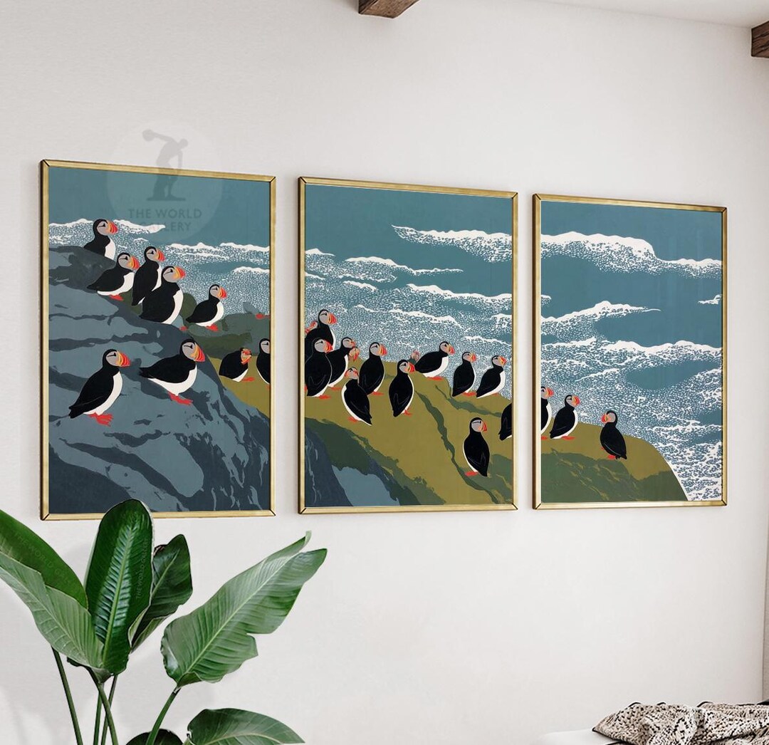 Puffin Wall Art Set of 3 | Coastal Bird Prints | Ocean Cliff Scene ...