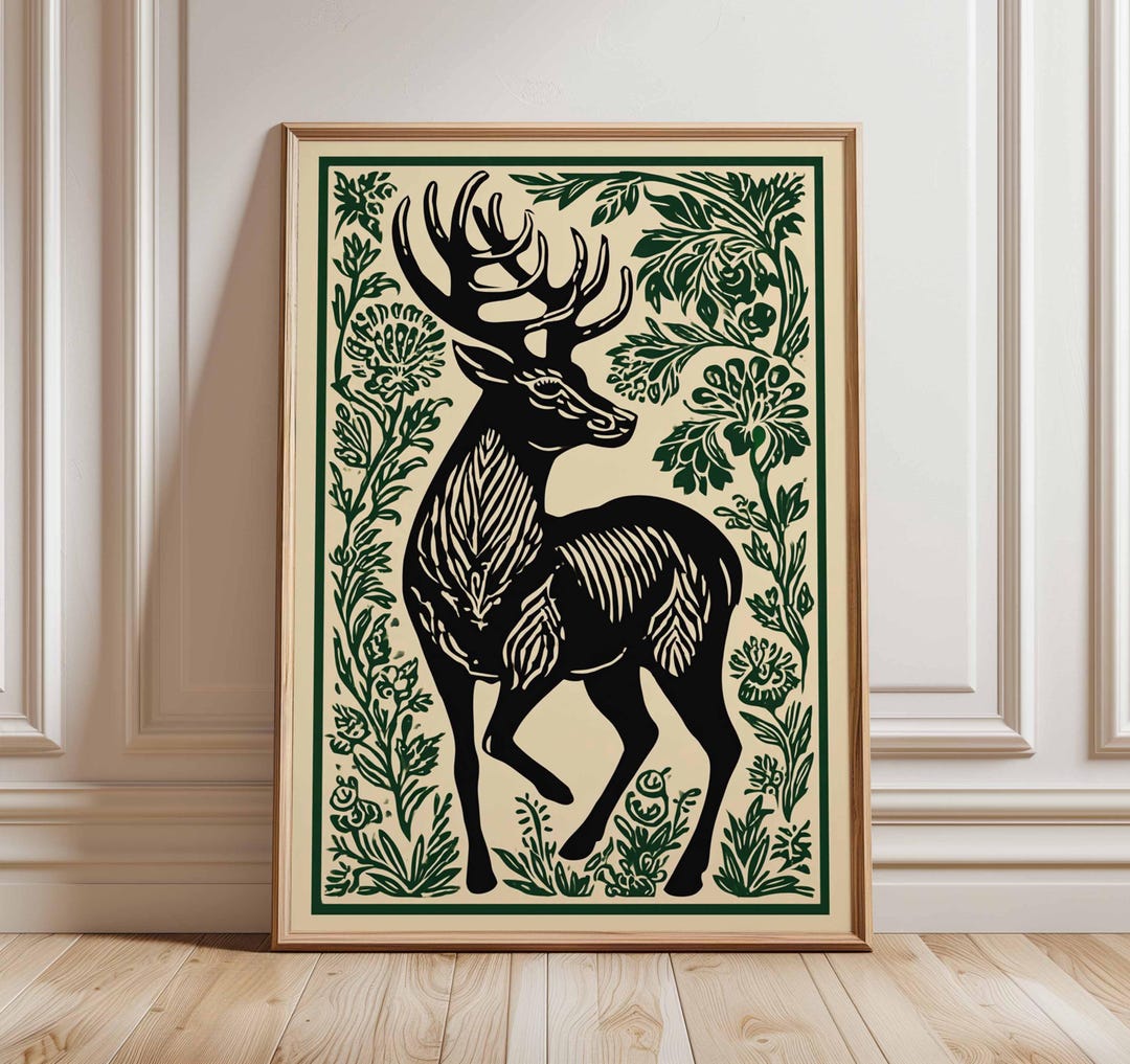 Deer Poster, Woodland Animal Print, Botanical Nature Wall Art, Rustic ...