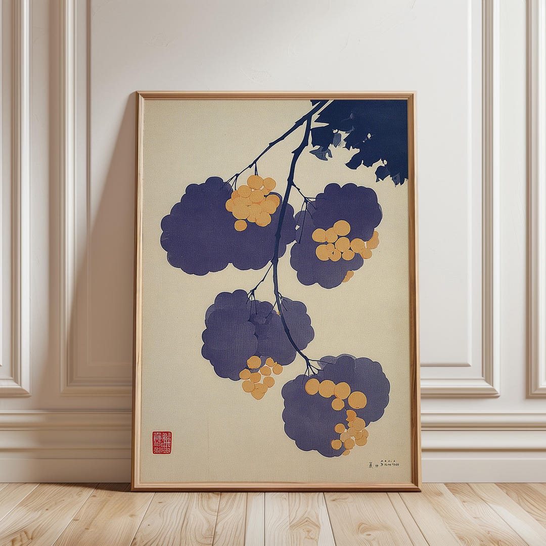 Japanese Botanical Poster, Chestnut Branch, Purple Gold Tones, Minimal ...
