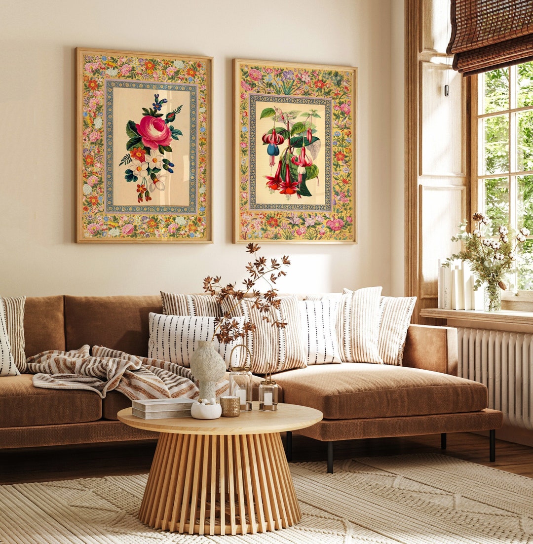 Indian Floral Art, Set of 2, Indian Art Print, Floral Print, Vintage ...