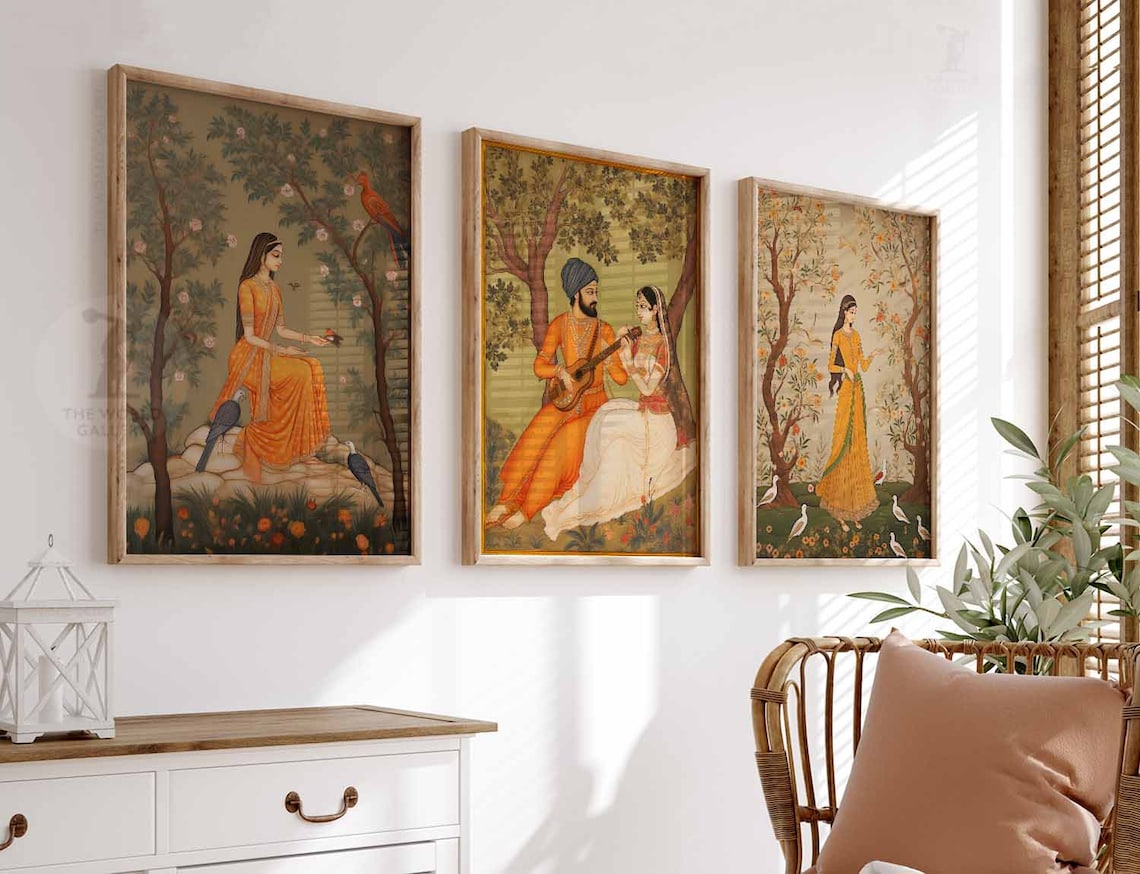 Indian Floral Set of 3 Prints, Indian Decor, Floral Wall Art, Vintage ...
