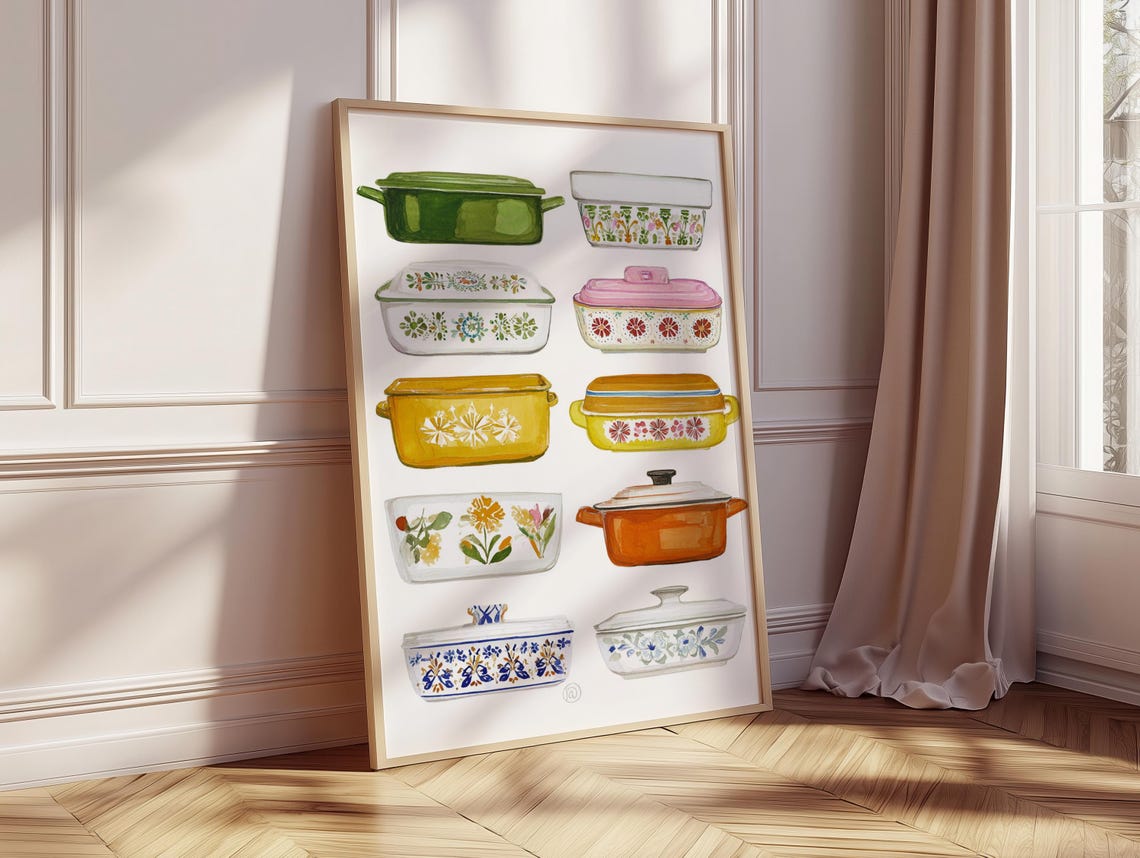Vintage Pyrex Wall Art, Retro Kitchen Print, Mid Century Dish Poster ...