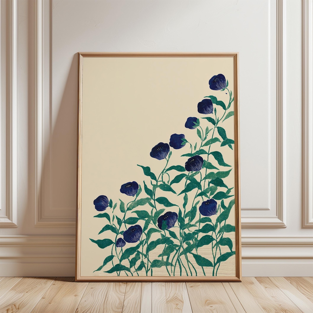 Blue Floral Botanical Poster | Japanese Style Plant Illustration ...