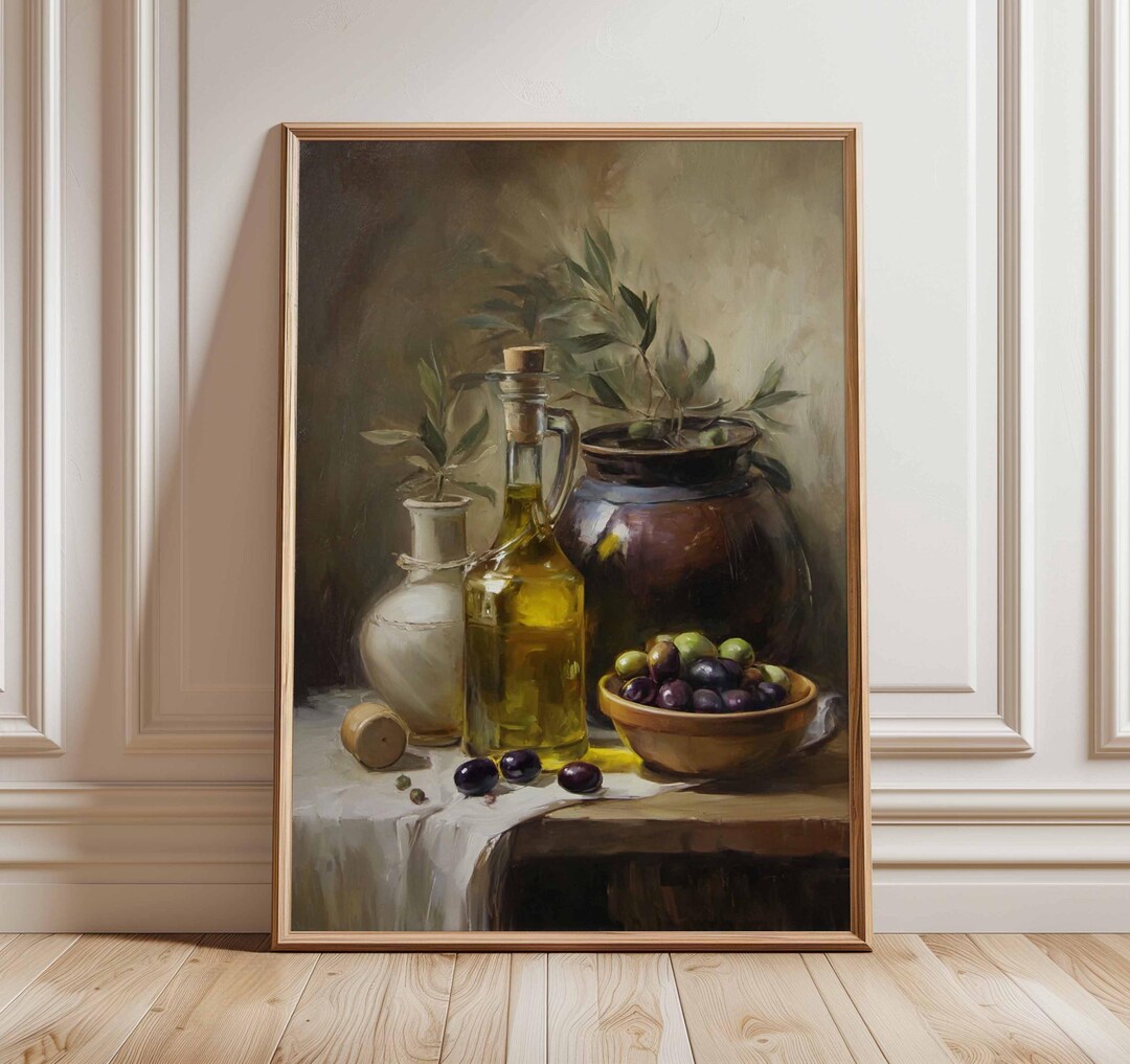 Mediterranean Still Life Art Print | Olive Oil and Jar Painting Style ...