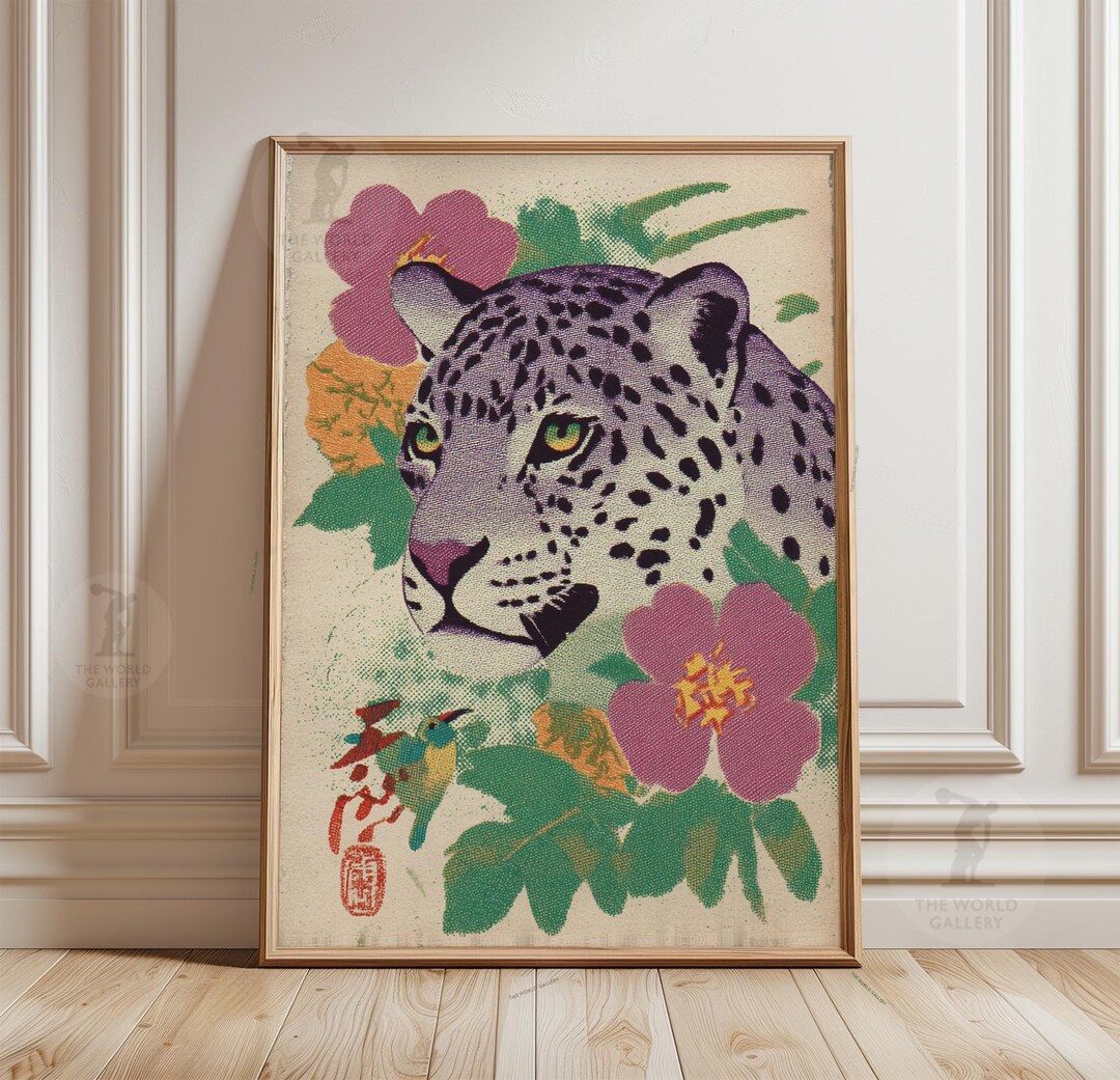 Leopard Floral Folk Art Poster | Japanese Inspired Botanical Wall Art ...