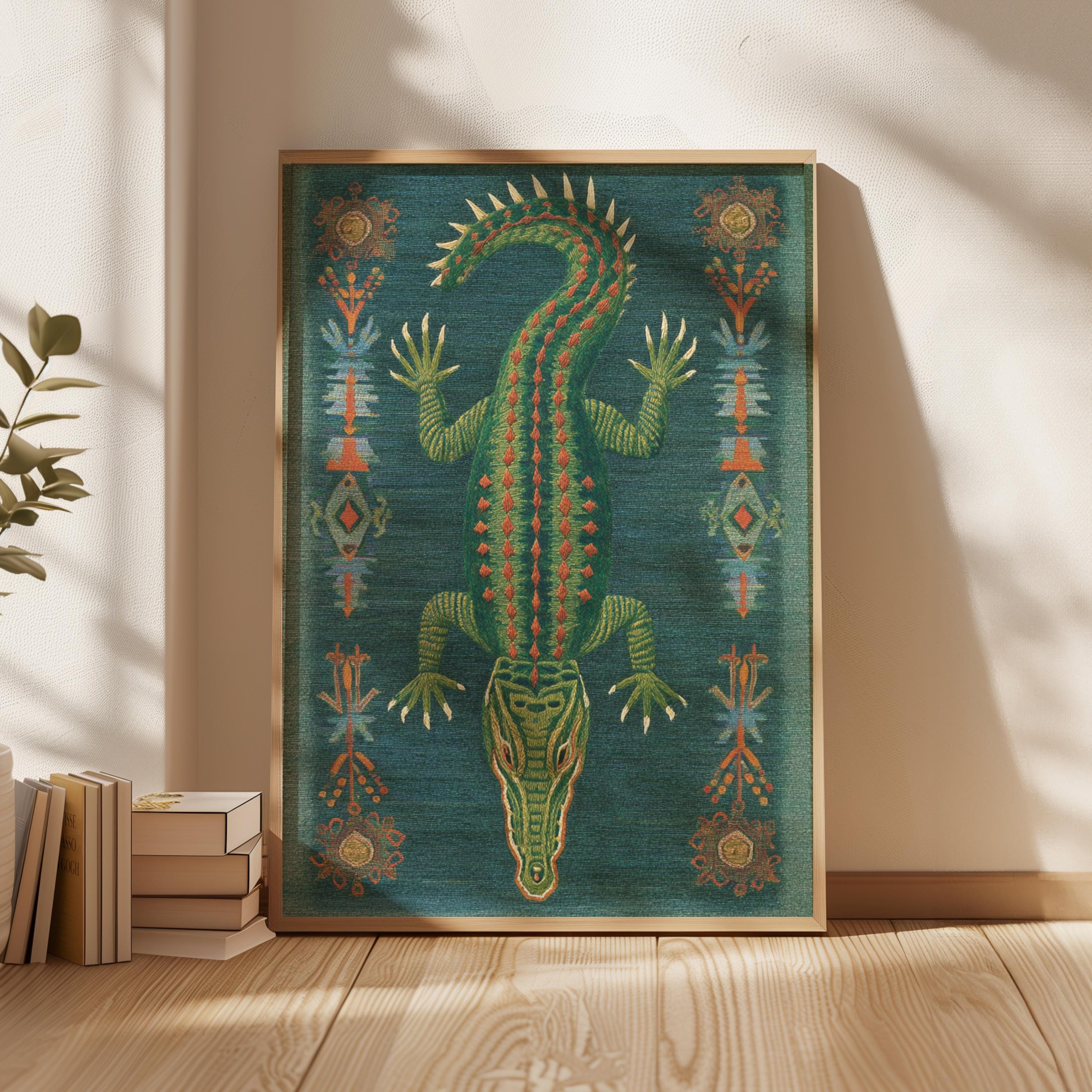 Folk Crocodile Tapestry Wall Art, Handcrafted Tribal Pattern Poster ...