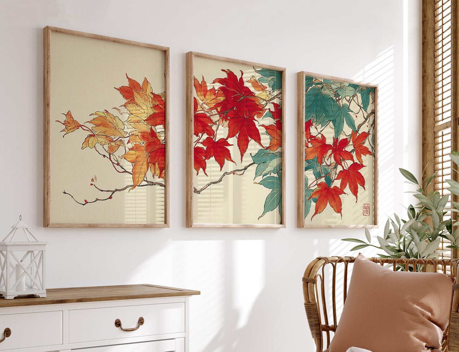 Maple Leaves Autumn Posters Set of 3, Japanese Ink Prints - Etsy