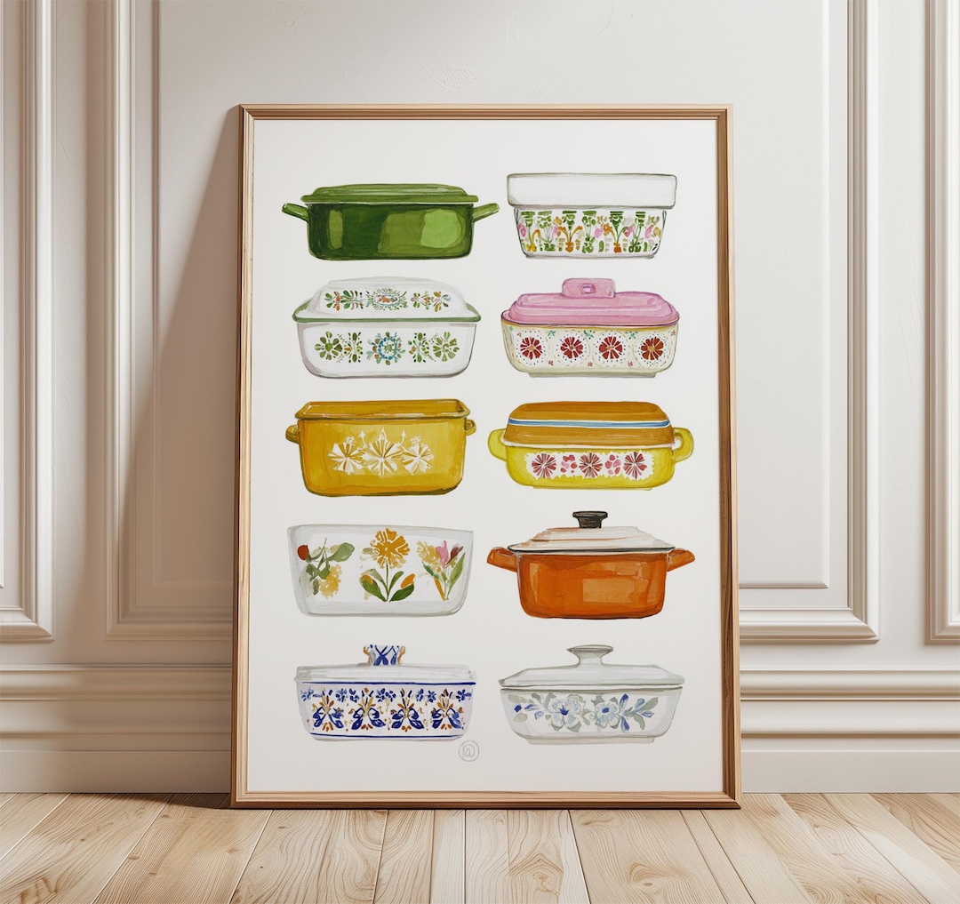 Vintage Pyrex Wall Art, Retro Kitchen Print, Mid Century Dish Poster ...