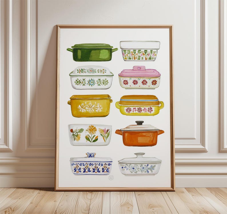 Vintage Pyrex Wall Art, Retro Kitchen Print, Mid Century Dish Poster ...