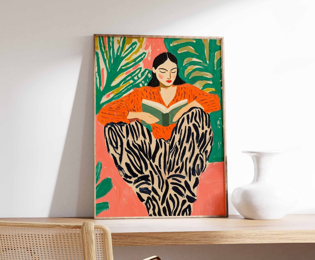 Book Art, Reading Poster, Retro Poster, Woman Print, Library Art ...