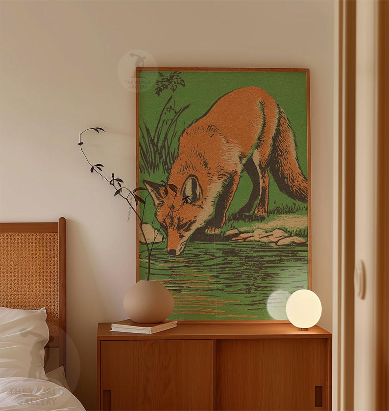 Fox Stream Poster, Green Nature Art, Linocut Animal Print - Etsy