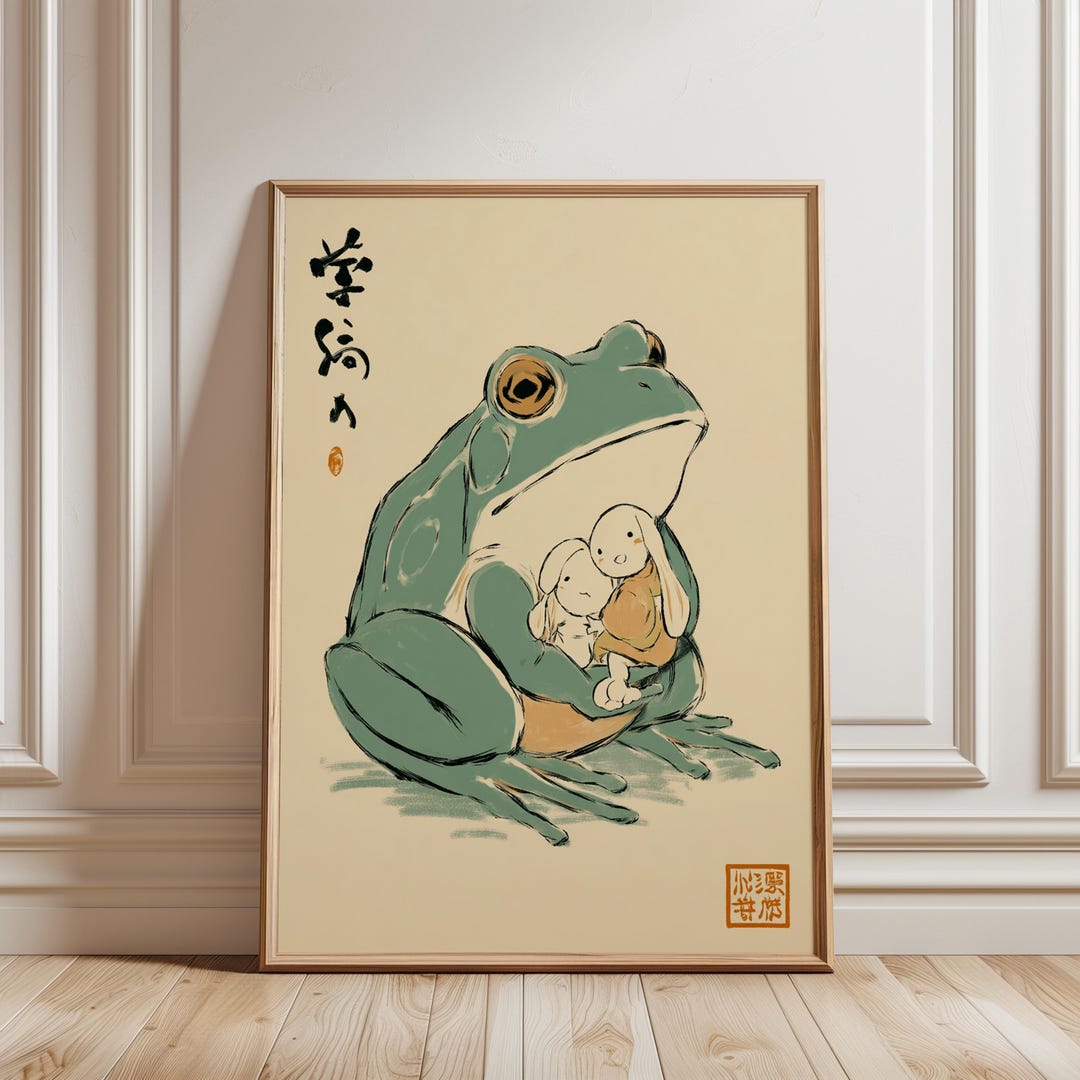 Frog With Rabbits Poster, Japanese Ink Illustration Print - Etsy