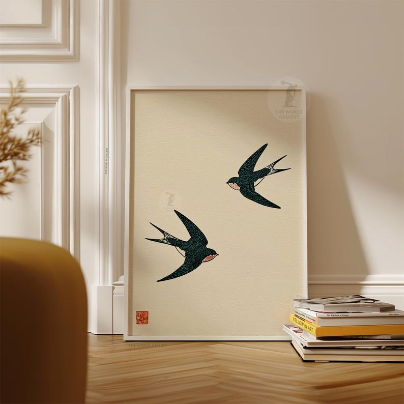 Japanese Swallow Bird Poster | Minimalist Teal Nature Illustration ...