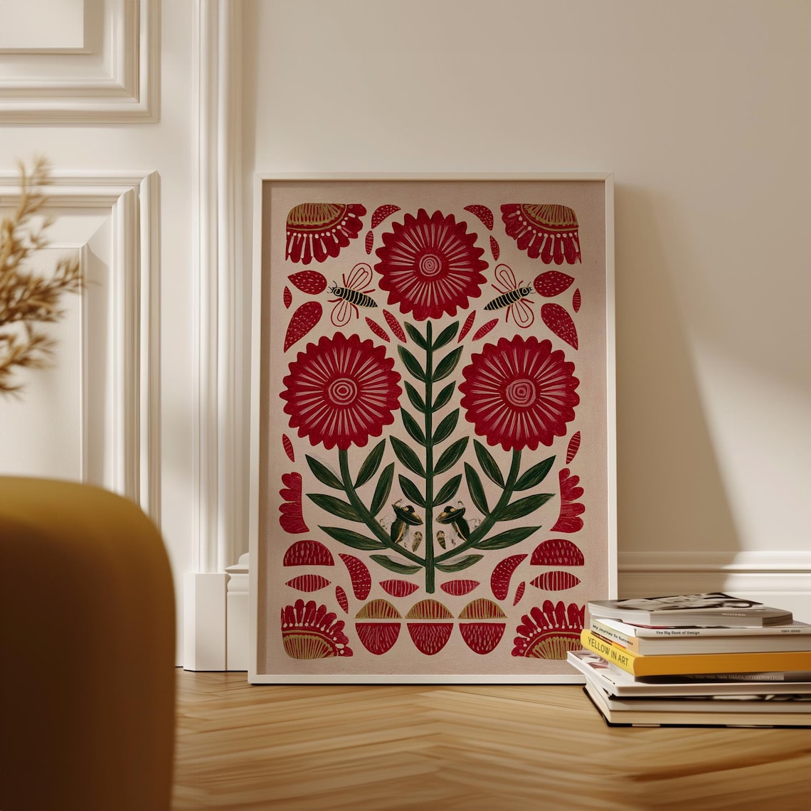 Folk Botanical Poster, Red Flowers, Bees, Green Leaves, Beige ...