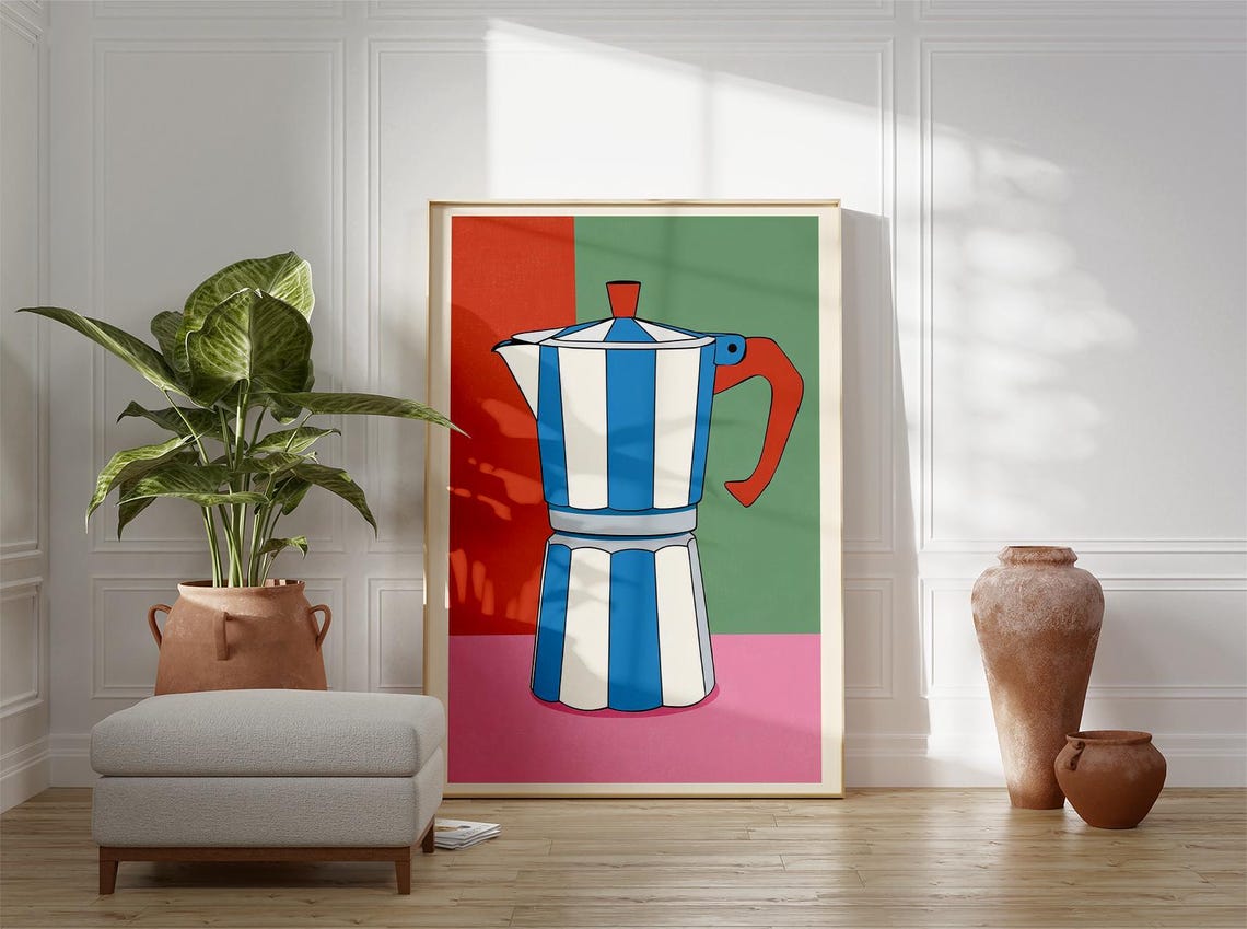 Retro Coffee Pot Poster, Mid Century Modern Kitchen Wall Art, Bold Pop ...