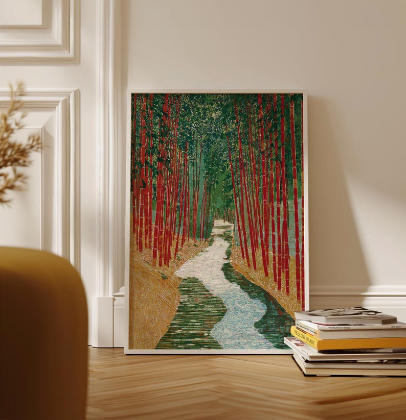 Red Bamboo Forest River Poster | Japanese Woodblock Nature Art | Green Gold Landscape Print - Etsy