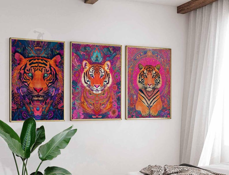 Tiger Poster Set, Psychedelic Wall Art, Trippy Animal Prints, Vibrant ...