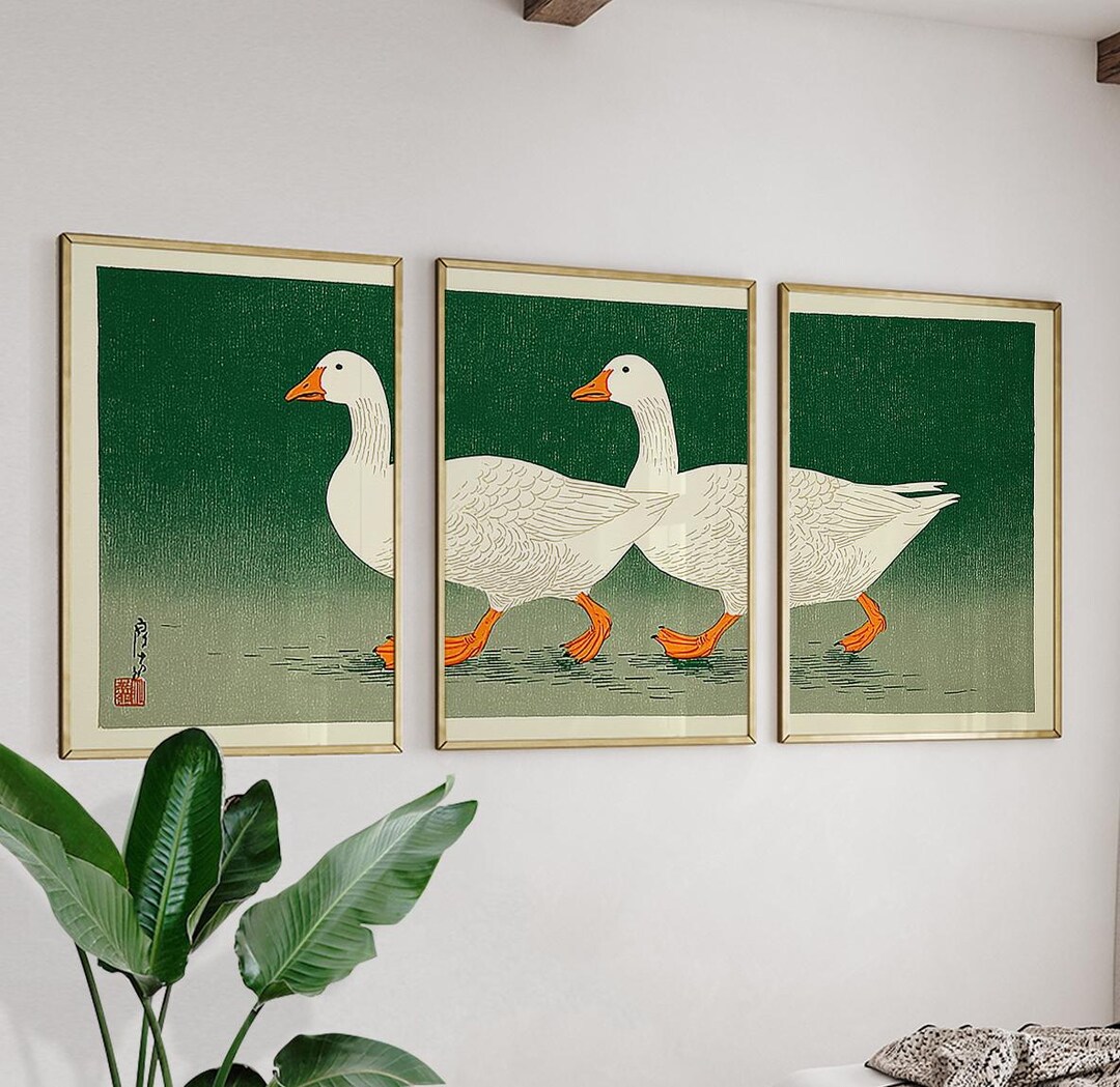 Walking White Geese Posters Set of 3, Japanese Ink Prints - Etsy