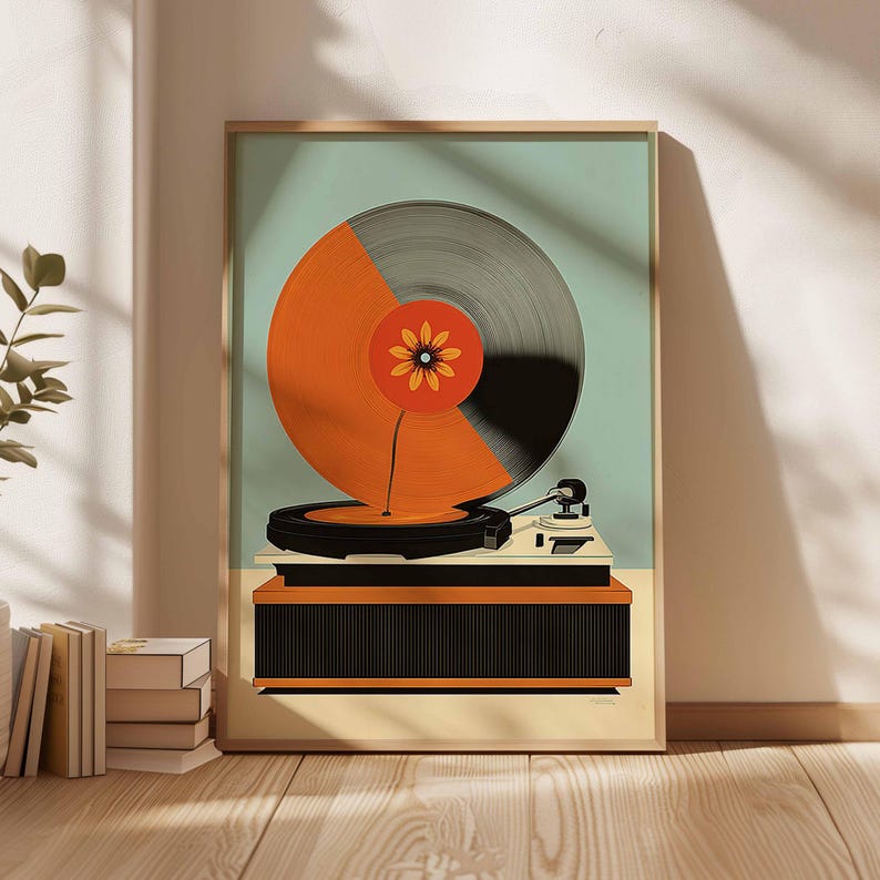 Vintage Record Player Wall Art, Retro Vinyl Flower Poster, Mid Century ...