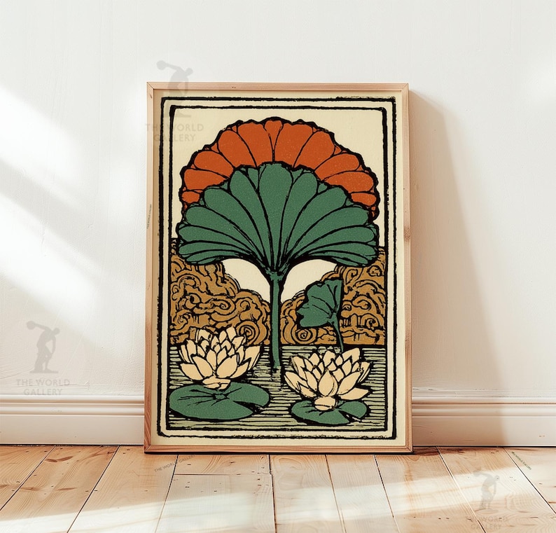 Art Deco Lotus Pond Print | Symmetrical Floral Wall Decor, Teal Rust ...