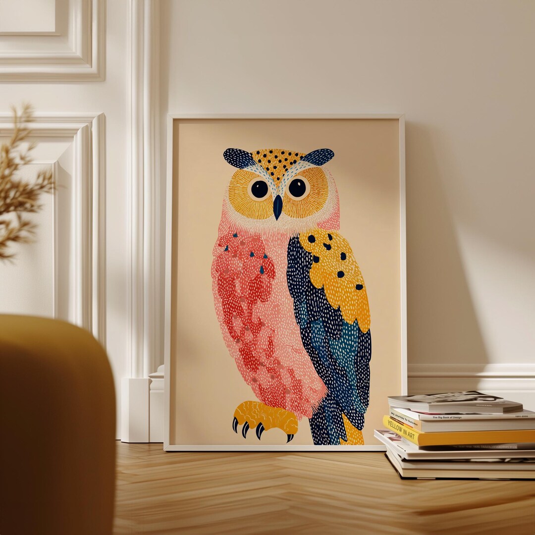 Colourful Owl Poster, Modern Folk Illustration in Pink Yellow and Navy ...