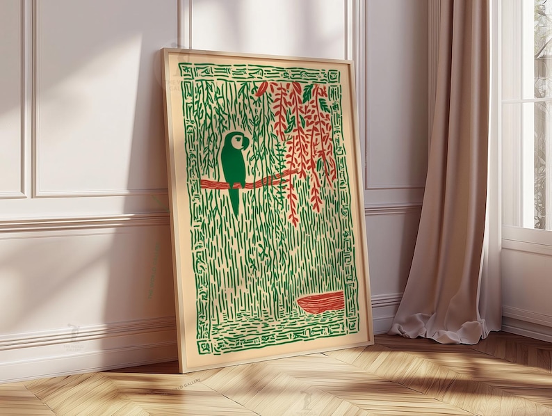 Tropical Parrot Art Print | Red Macaw Jungle Botanical Illustration ...