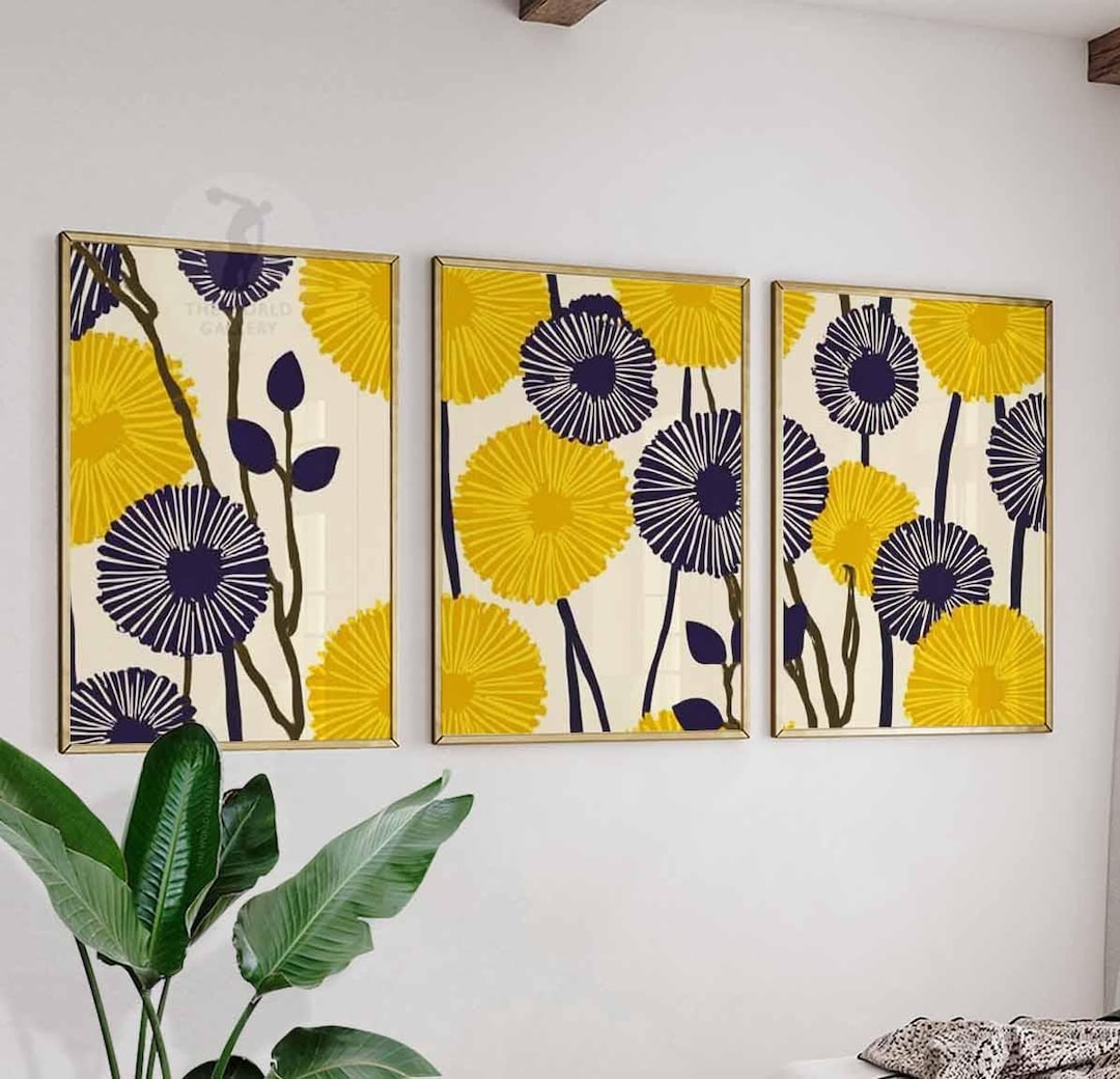 Yellow Floral Print Set, Modern Indigo Botanical Wall Art, Minimalist ...