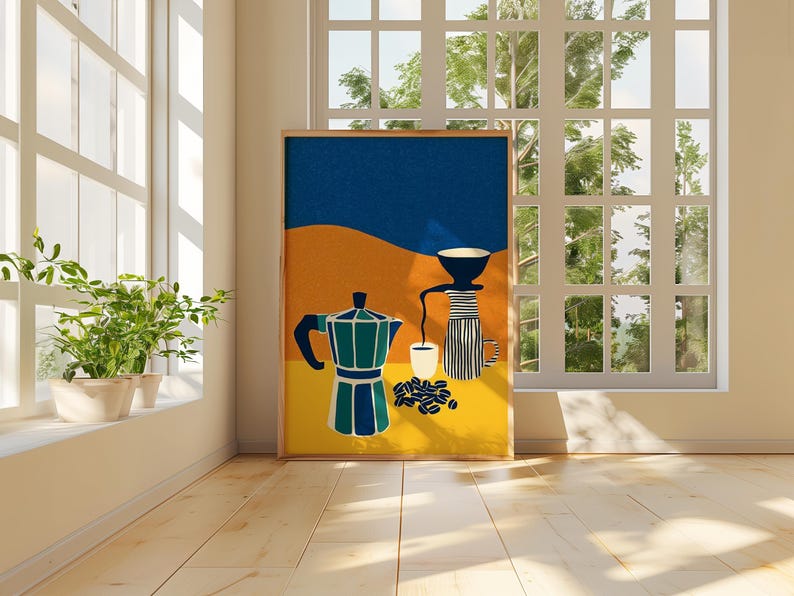Modern Coffee Pot Set Pop Art Poster, Colorful Moka Pot and Cup Print ...