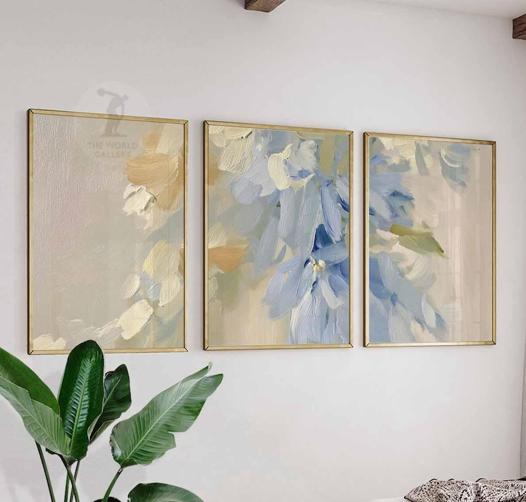 Abstract Floral Art Print Set, Beige & Blue Brushstroke Posters - Etsy