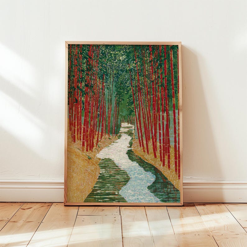Red Bamboo Forest River Poster | Japanese Woodblock Nature Art | Green Gold Landscape Print - Etsy